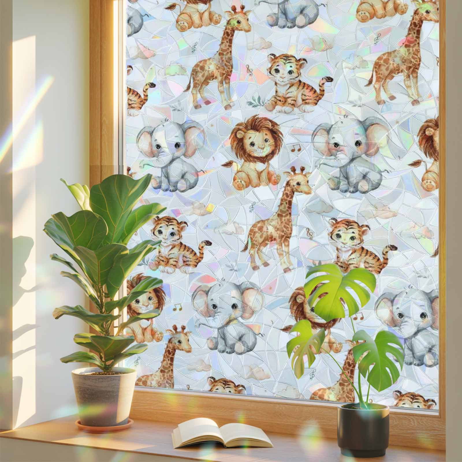 Cartoon Lions Giraffe Tiger Window Privacy Film, Cute Animal Leaf ...