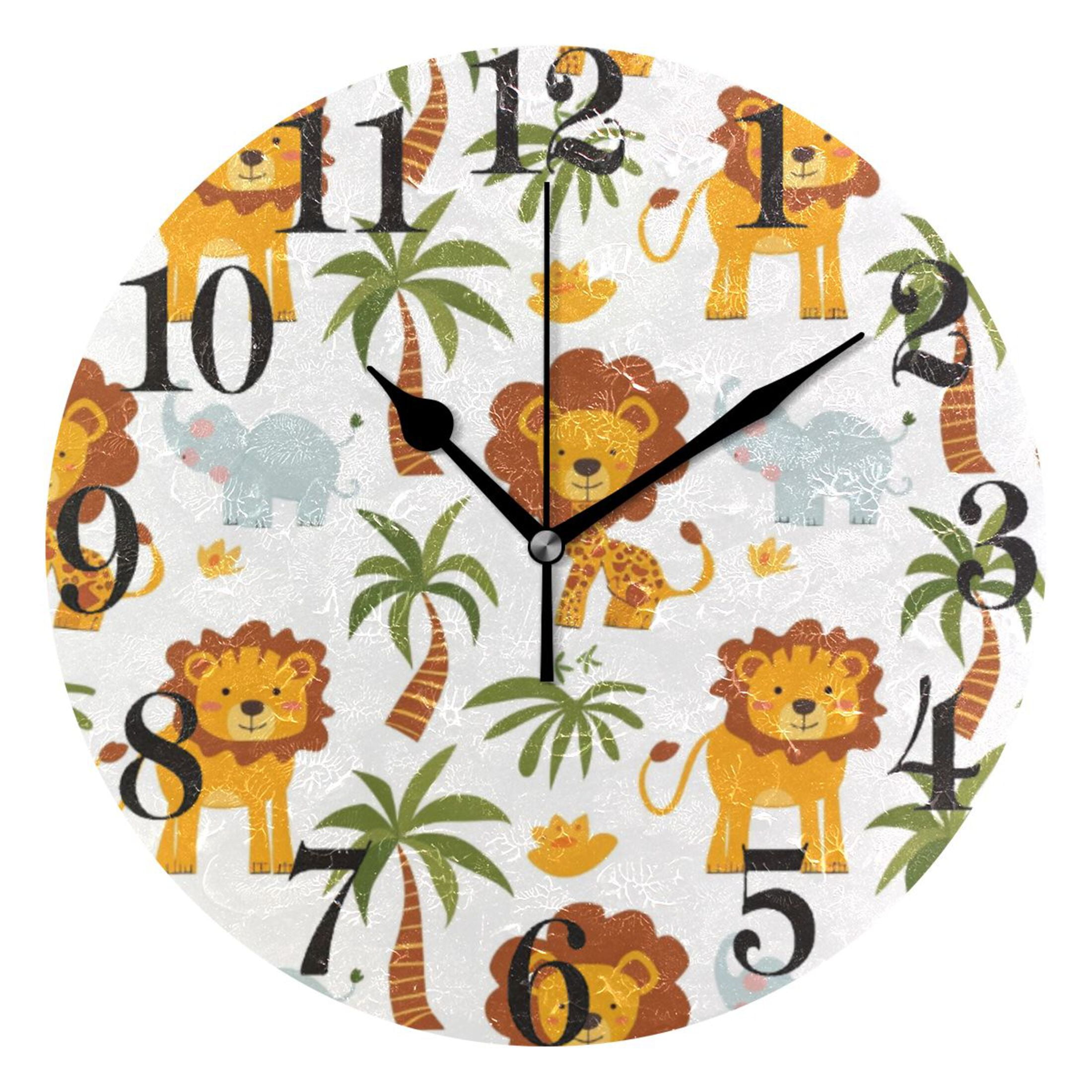 Cartoon Lions and Elephant Wall Clock 9.8 inch Battery Operated Clocks ...