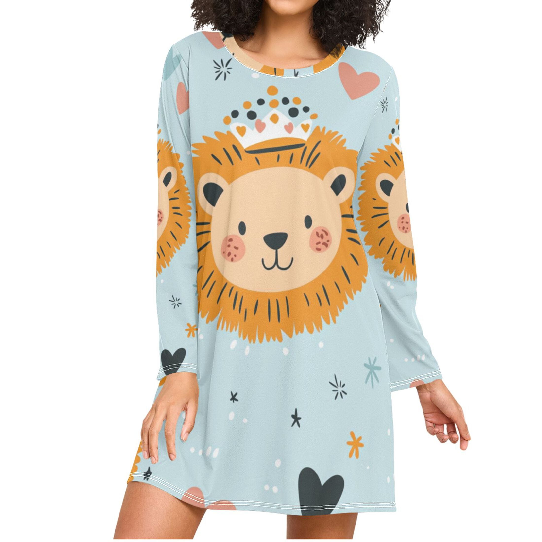 Cartoon Lions with Crowns Stars Hearts Women's Long Sleeves Nightgowns ...