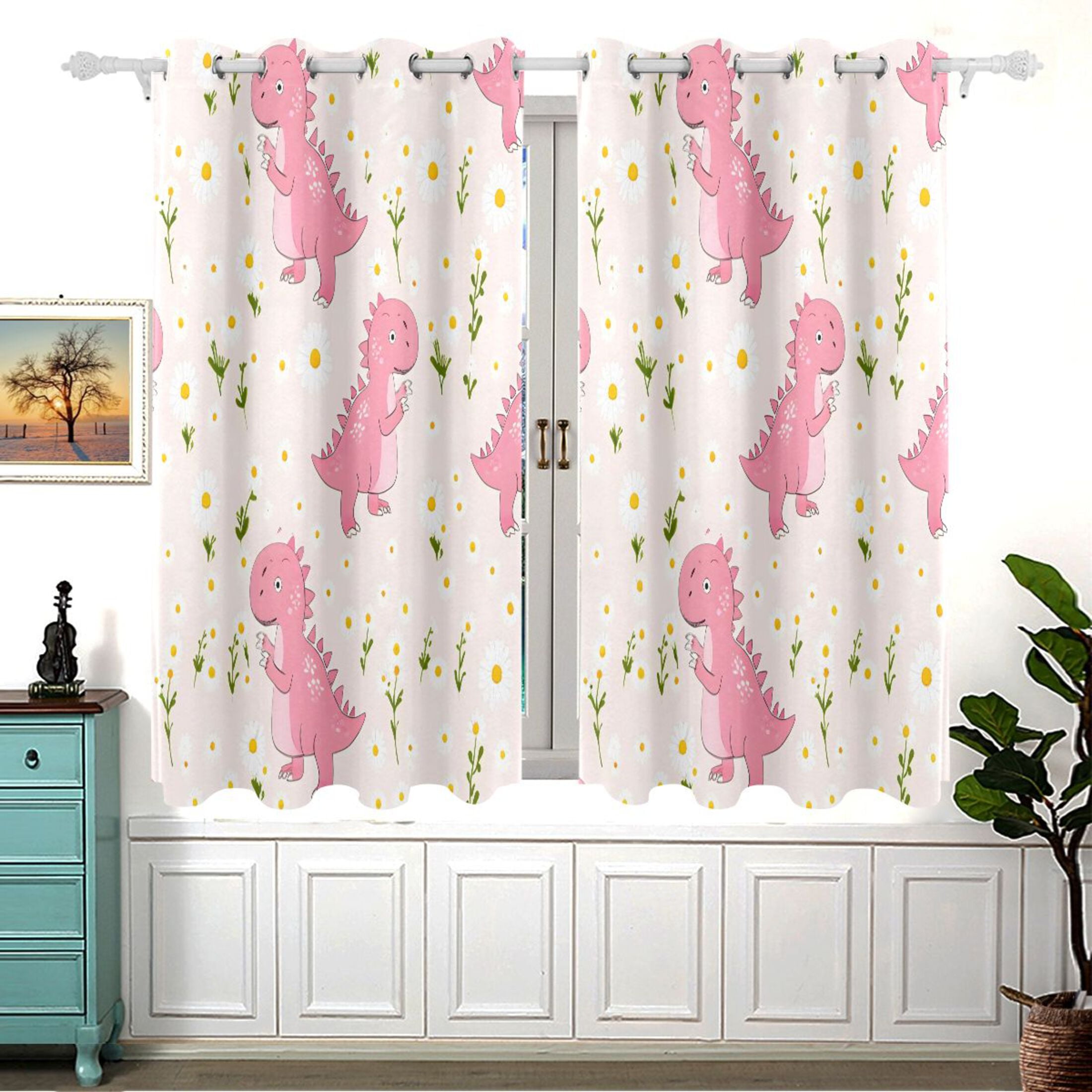 Cartoon Little Dinosaur Blackout Curtains 54 inch Length 2 Panels ...
