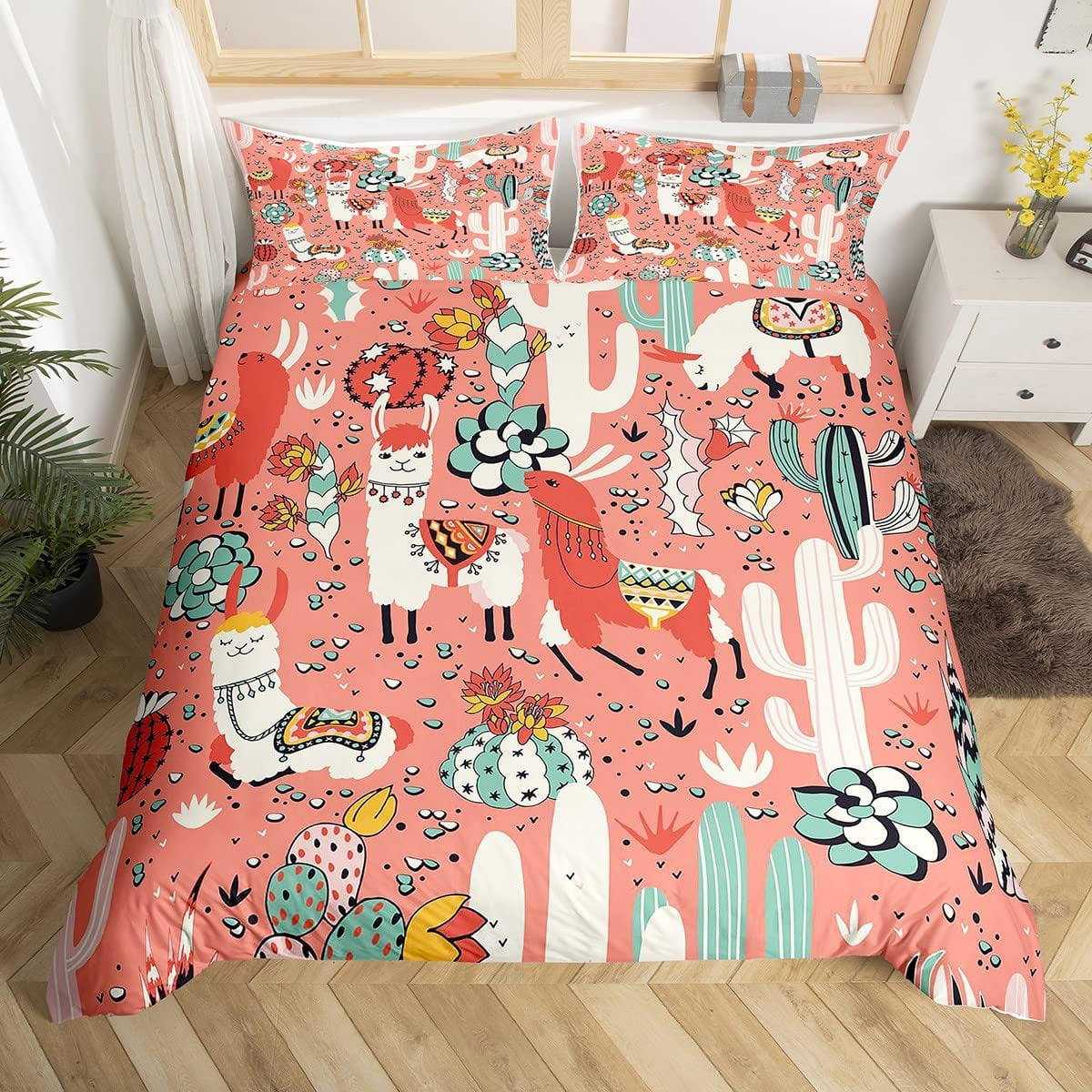 Cartoon Llama Duvet Cover Cactus Bedding Set Cute Animal Comforter ...