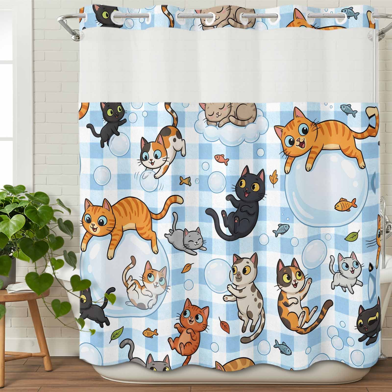 Cartoon Lovely Pets Fish Bubbles No Hook Shower Curtain with Snap in ...
