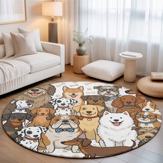 Cartoon Lovely Puppies Dogs Round Rug 5ft Bones Claws Background ...