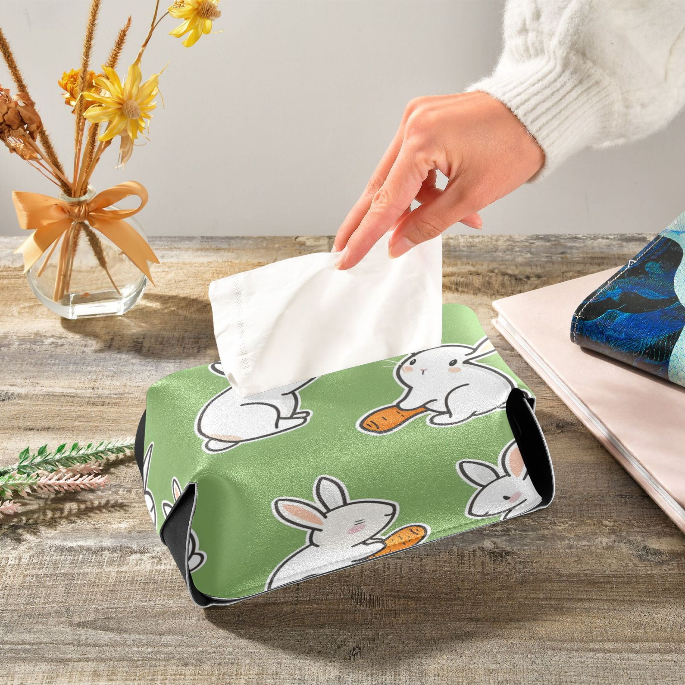 Cartoon Lovely Rabbits with Carrots Leather Tissue Box Cover Rectangle ...