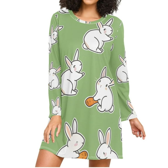 Cartoon Lovely Rabbits with Carrots Women's Long Sleeves Nightgowns ...