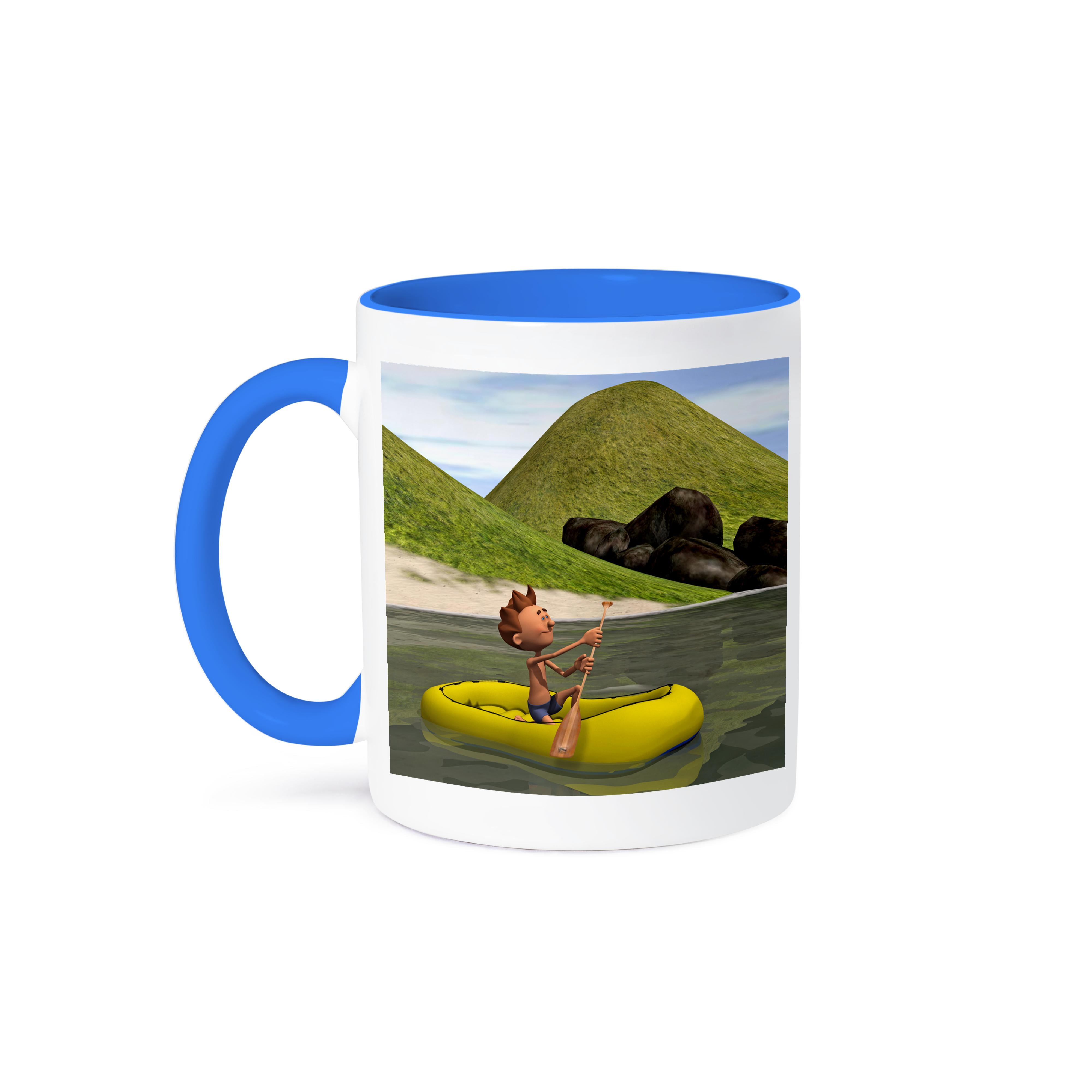 3dRose, Cartoon Man on Ocean Rowing Inflatable Raft, 15oz Two-Tone Blue ...