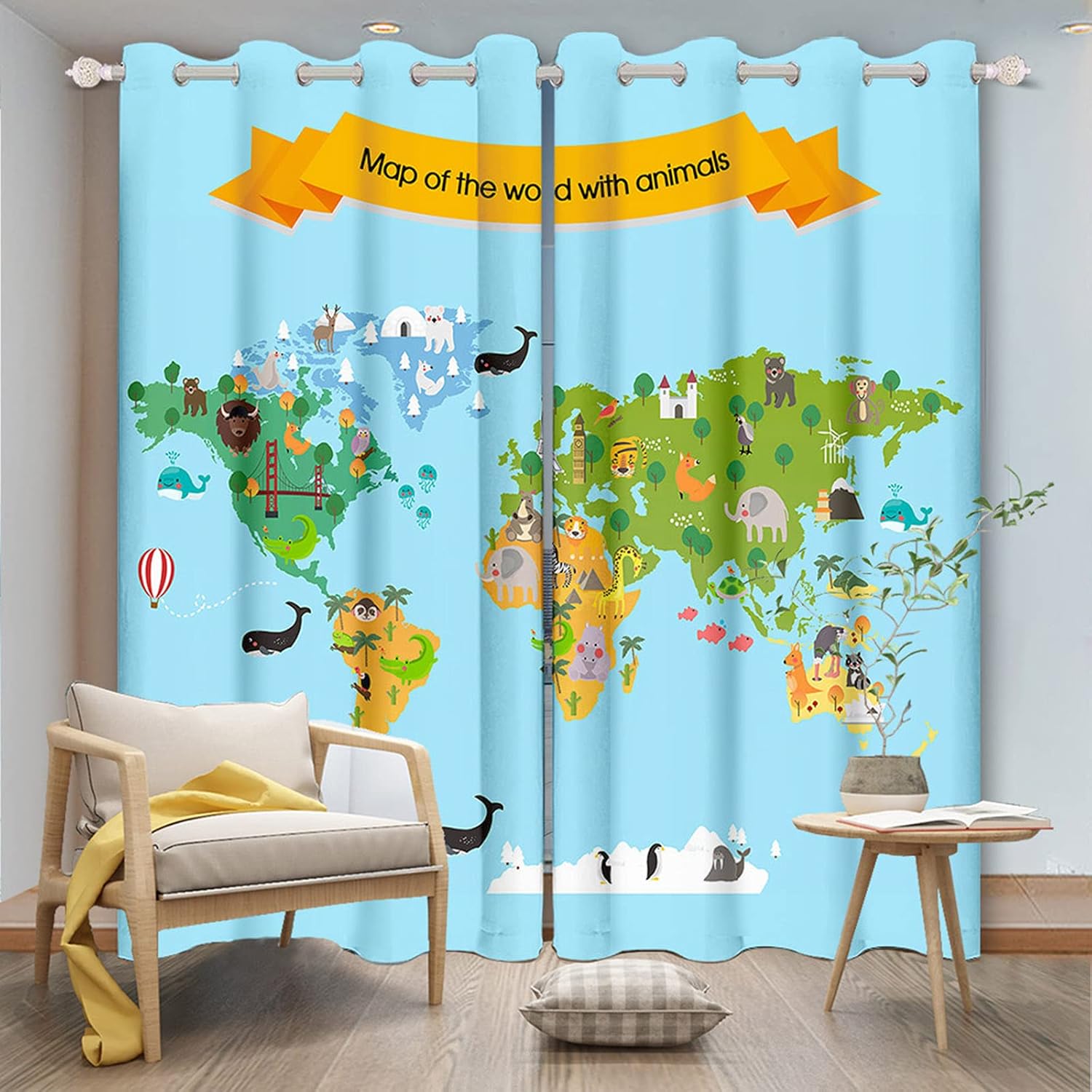 Cartoon Map Blackout Curtains Global Ocean Animal Landmarks Baby Blue ...