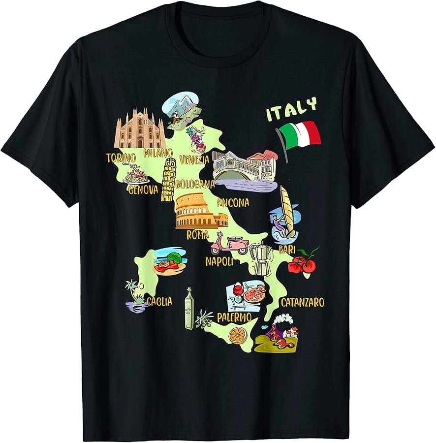 Cartoon Map of Italy, flag, landmarks, the major cities T-Shirt ...