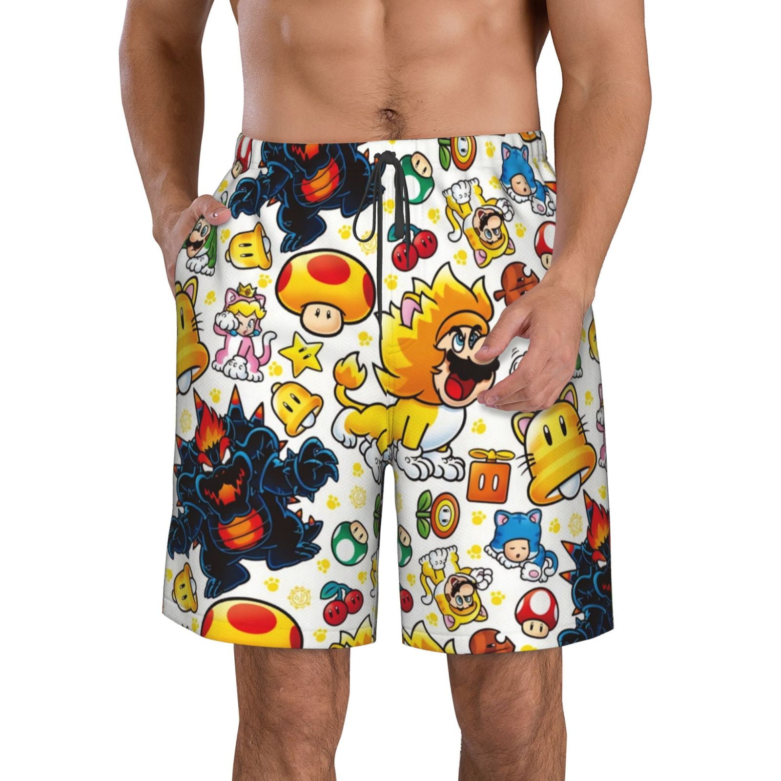 Cartoon Mario Cat Summer Beach Sign Mens Swim Trunks Quick Dry Board ...
