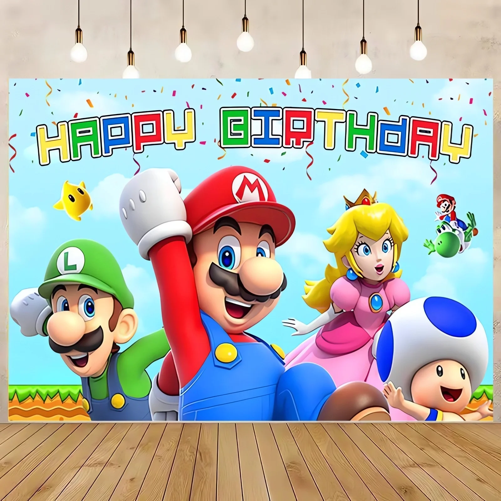 Cartoon Mario Happy Birthday Backdrop Large Banner with Theme Party ...