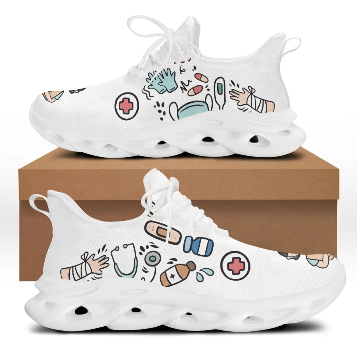 Cartoon Medicine Pattern Ladies Platform Nurse Shoes Breathable Lace up Mesh Swing Sneakers ...
