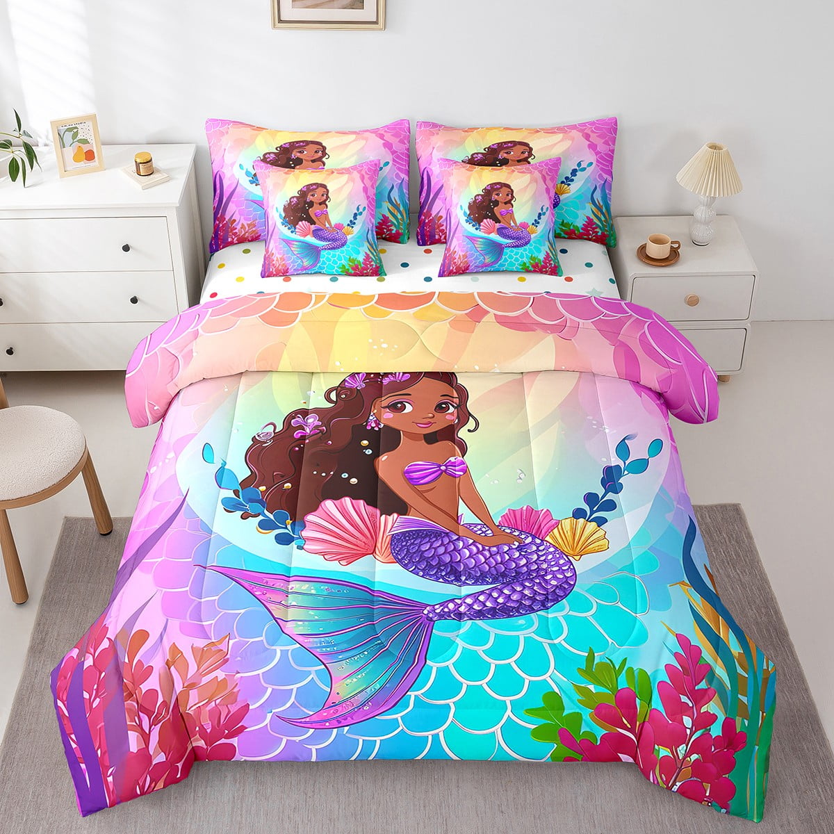 Cartoon Mermaid Bedding Comforter Sets 7-Piece Princess Bed in a Bag ...