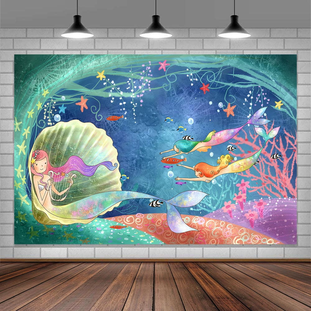 Cartoon Mermaid Party Backdrop, 7X5Ft Cute Underwater World Photography ...