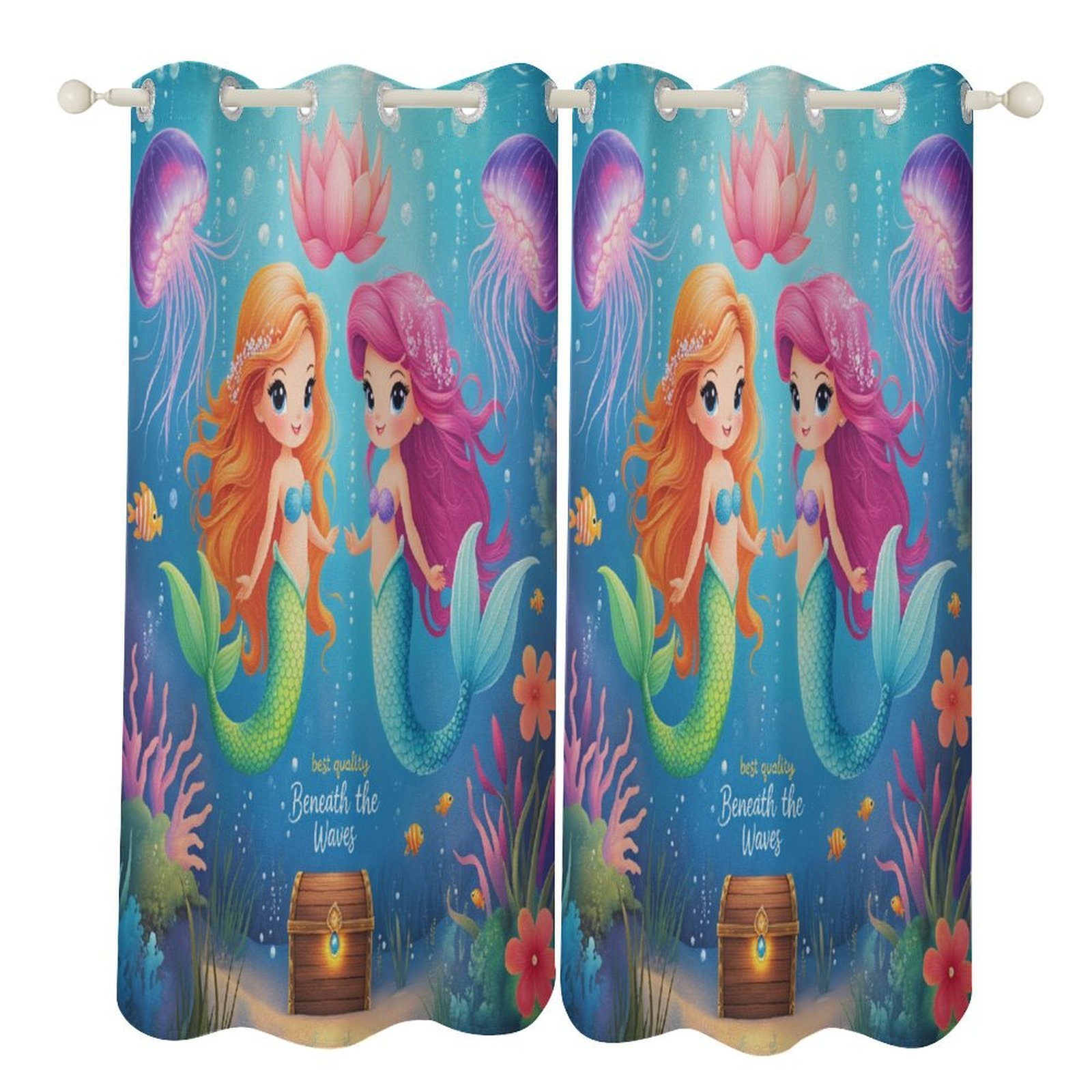 Cartoon Mermaid Seaweed Blackout Curtains Window Drapes Room Darkening ...