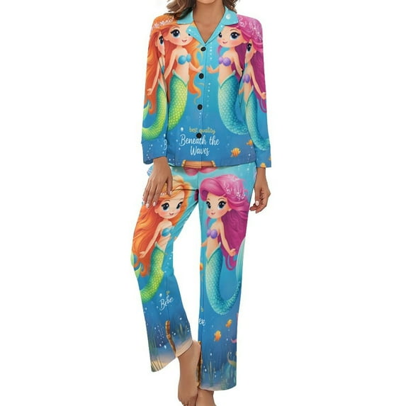Cartoon Mermaid Seaweed Printed Pajama Set for Couples, Women Men Long ...