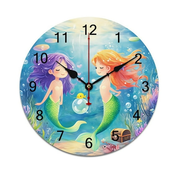 Cartoon Mermaid Seaweed Printed Silent Wall Clock Round Kitchen Clock ...
