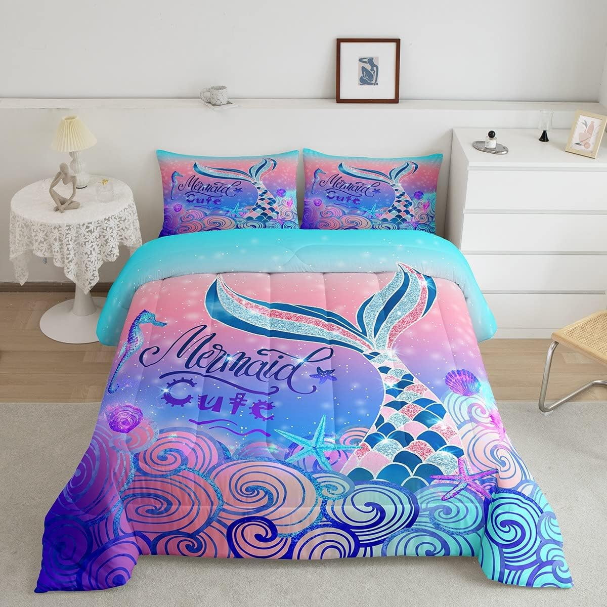 Cartoon Mermaid Tail Comforter Set for Kids,Rainbow Fish Scale Bedding ...