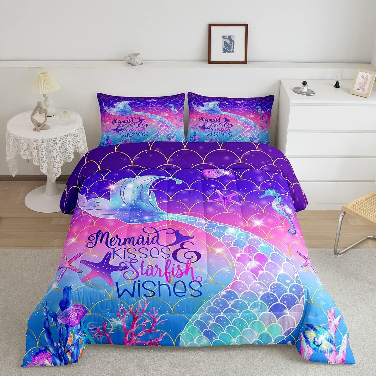 Cartoon Mermaid Tail Comforter Set for Kids,Rainbow Fish Scale Bedding ...