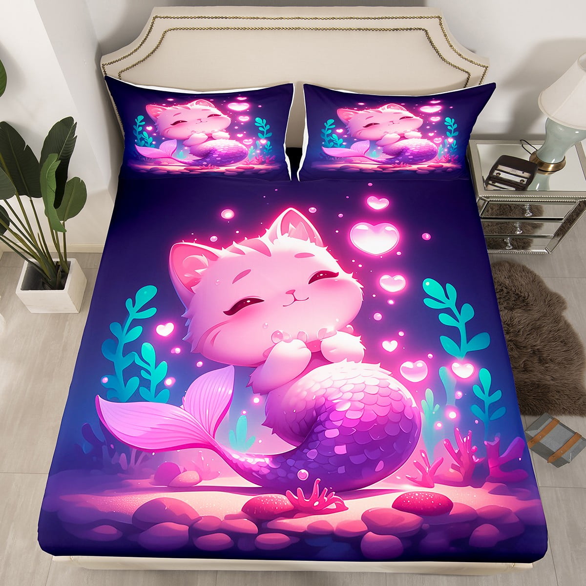 Cartoon Mermaid Twin Bedding Set,Kawaii Cat Mermaid Bed Sheets Set ...