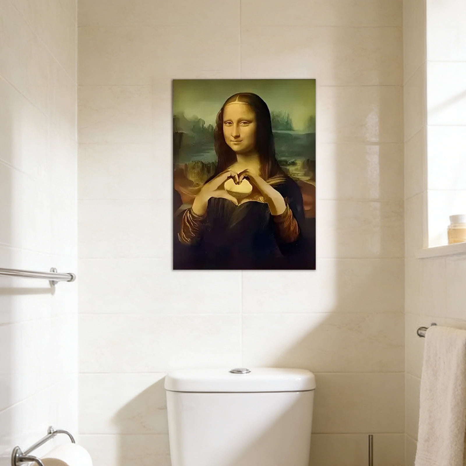 Cartoon Mona Lisa Art Print With Heart - Shaped Hand Gesture, Frameless ...