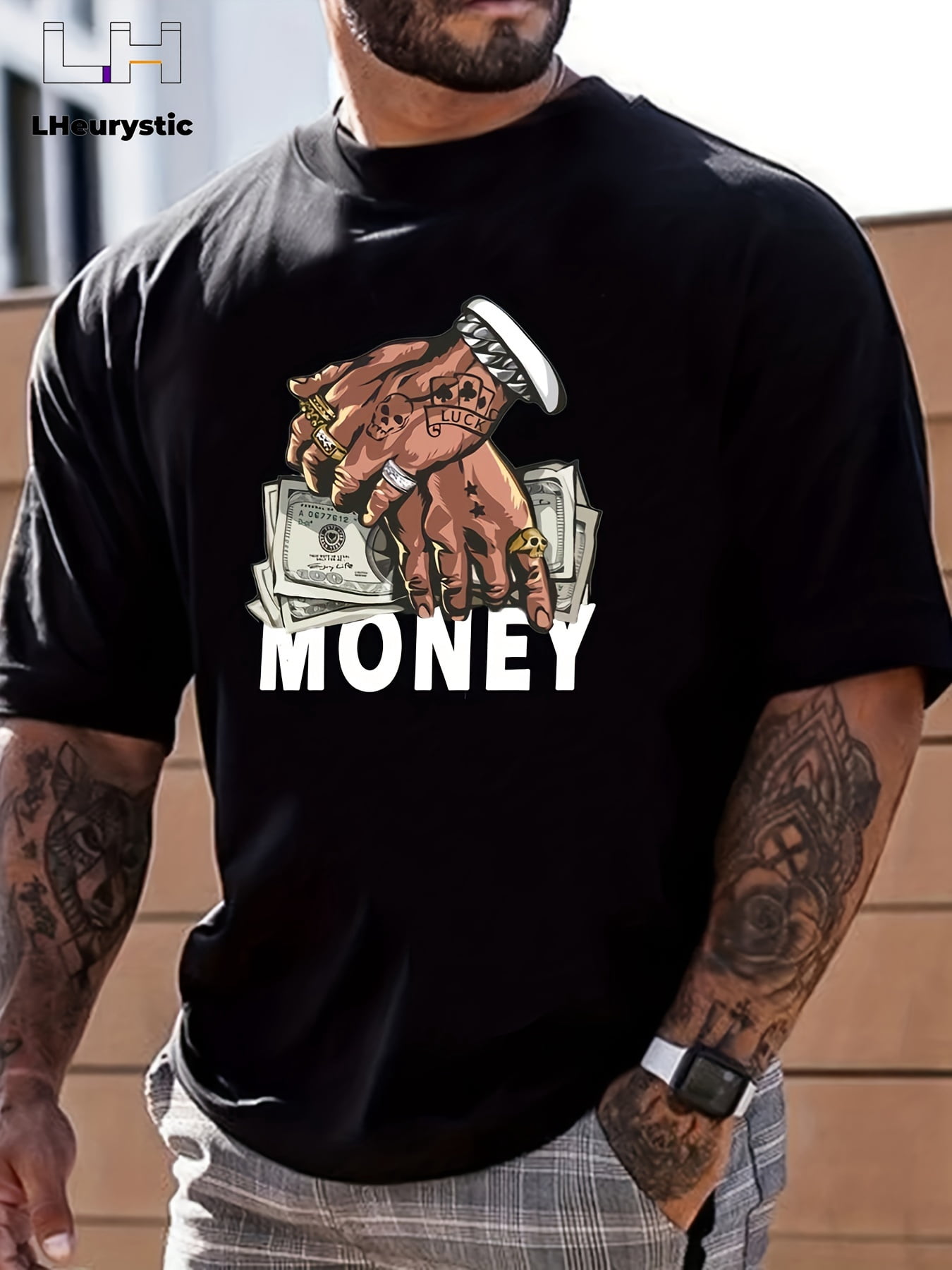 Cartoon Money & Hands Print, Men's Graphic Design Crew Neck Niche T ...