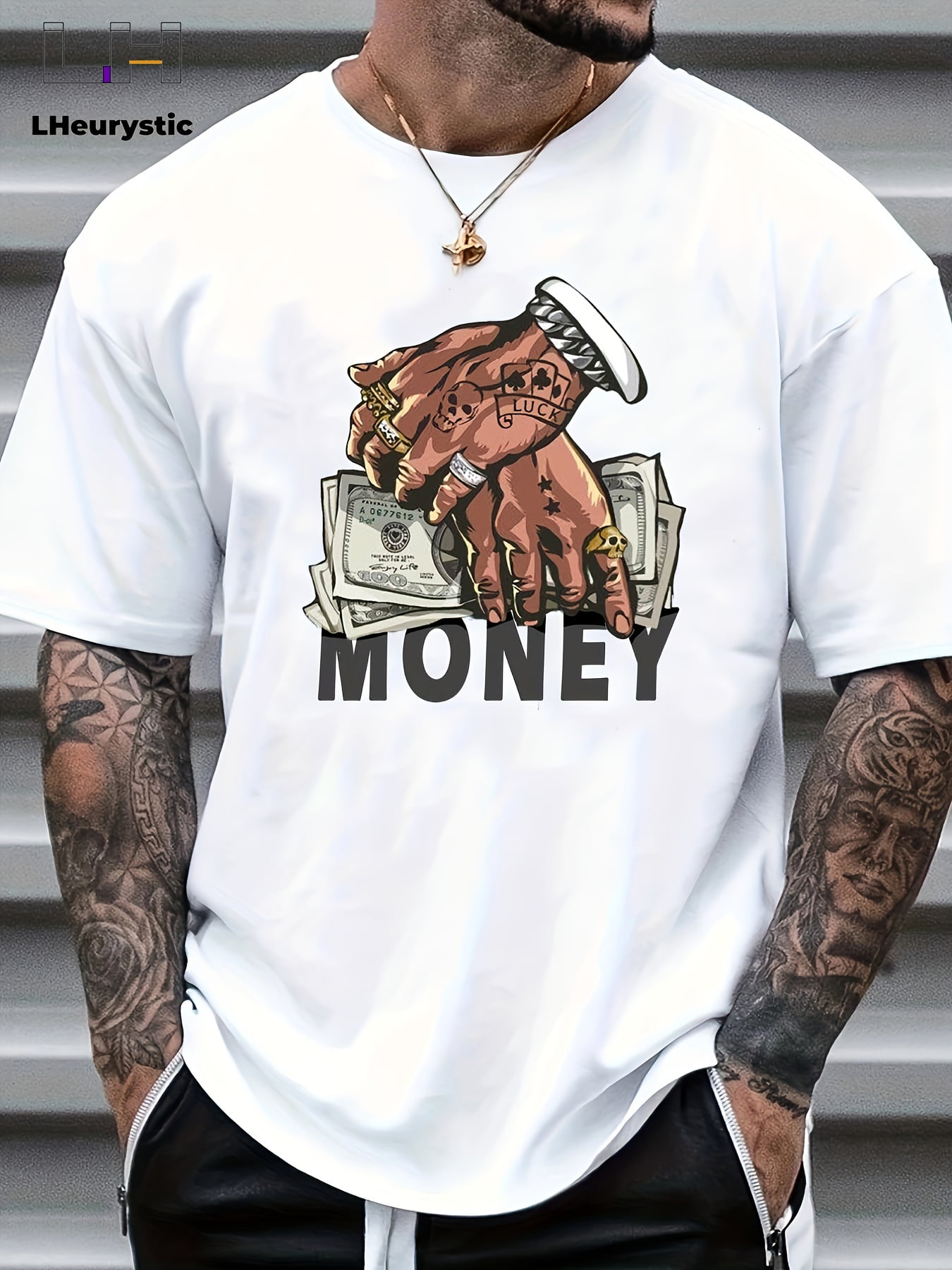Cartoon Money & Hands Print, Men's Graphic Design Crew Neck Niche T ...