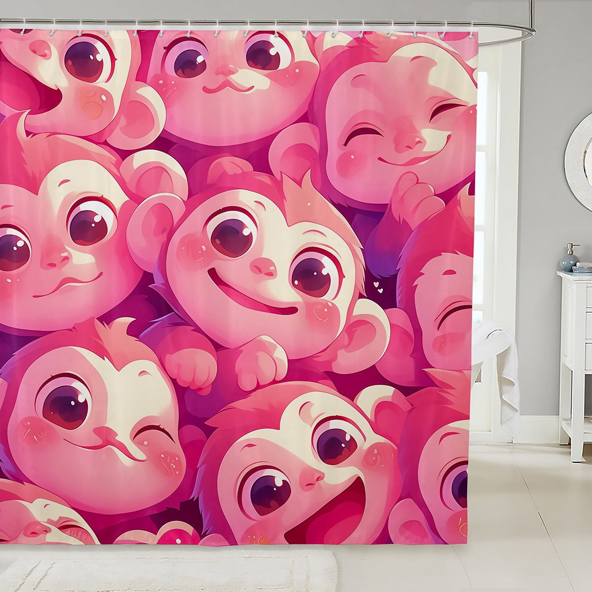 Cartoon Monkey Bathroom Shower Curtain Sets Pink Monkey Print 72" W X ...