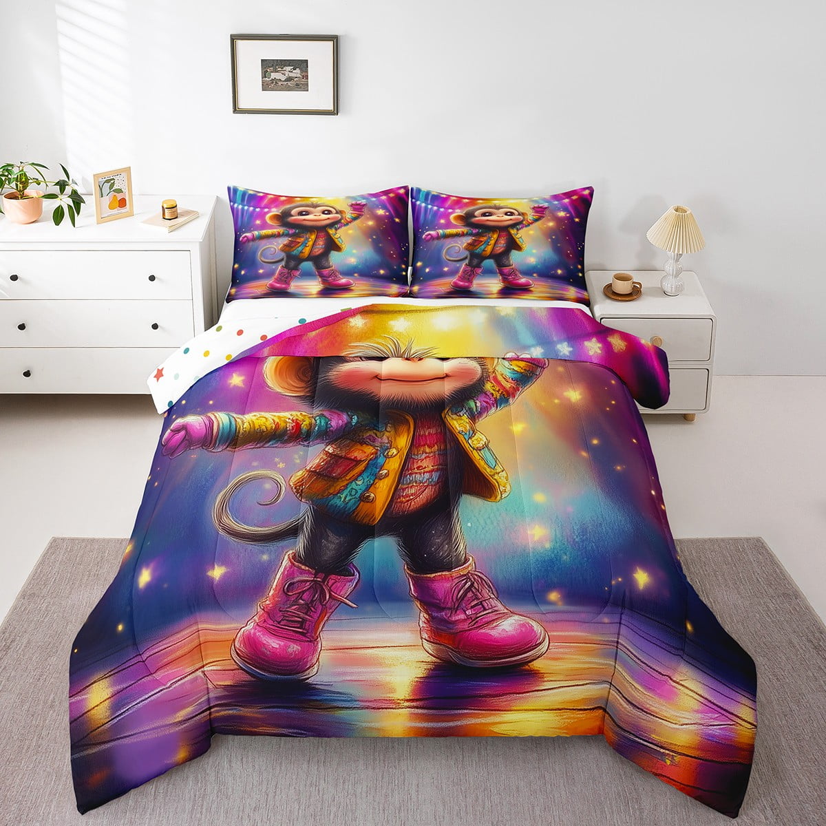 Cartoon Monkey Bedding Set Full Size Colorful Rainbow Neon Comforter ...