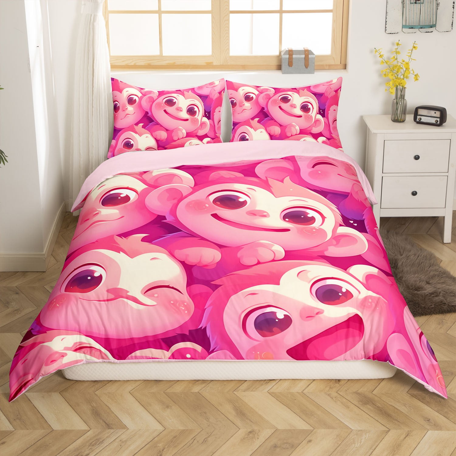 Cartoon Monkey Comforter Cover Pink Monkey Print Bedding Set,Red Heart ...