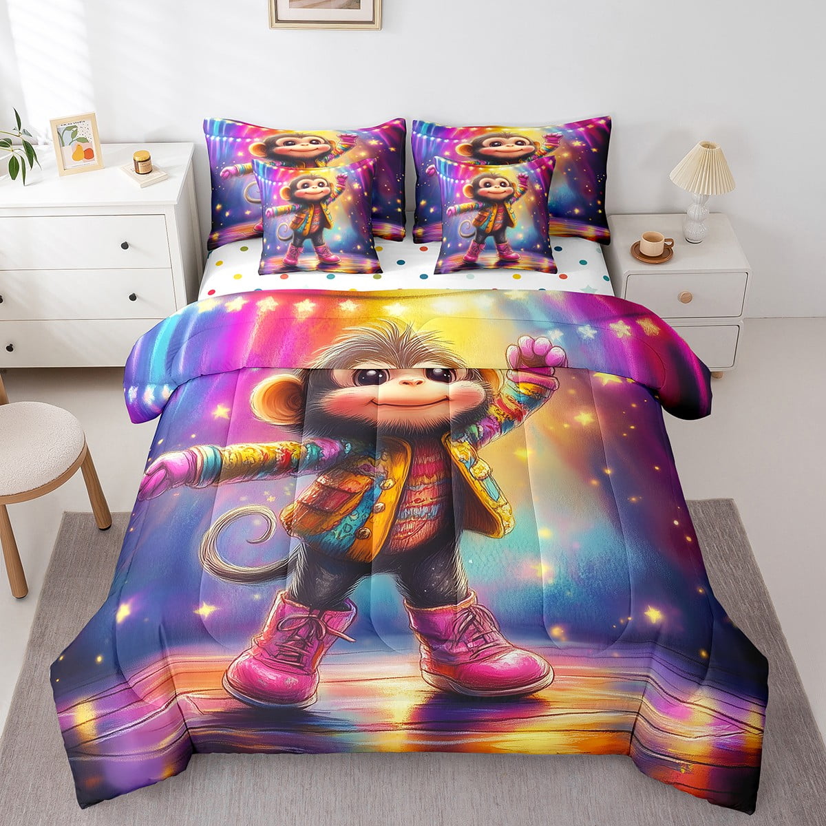 Cartoon Monkey Comforter Set 7 Pieces Full Size,Colorful Rainbow Neon ...