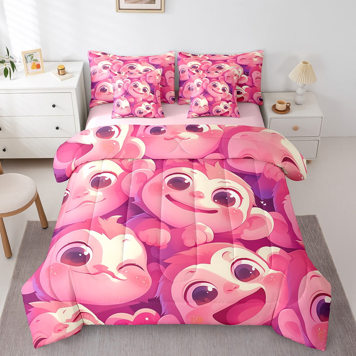 Cartoon Monkey Comforter Set Pink Monkey Print 7 Pieces Bedding Set,Red ...