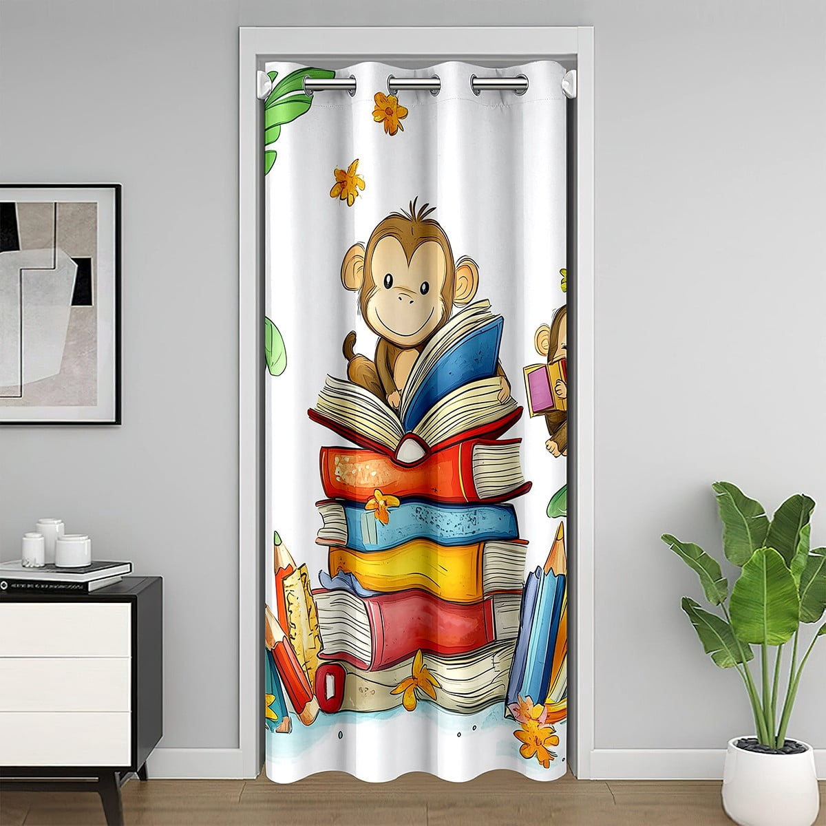 Cartoon Monkey Door Curtain Colorful Books Pattern Blackout Curtain ...