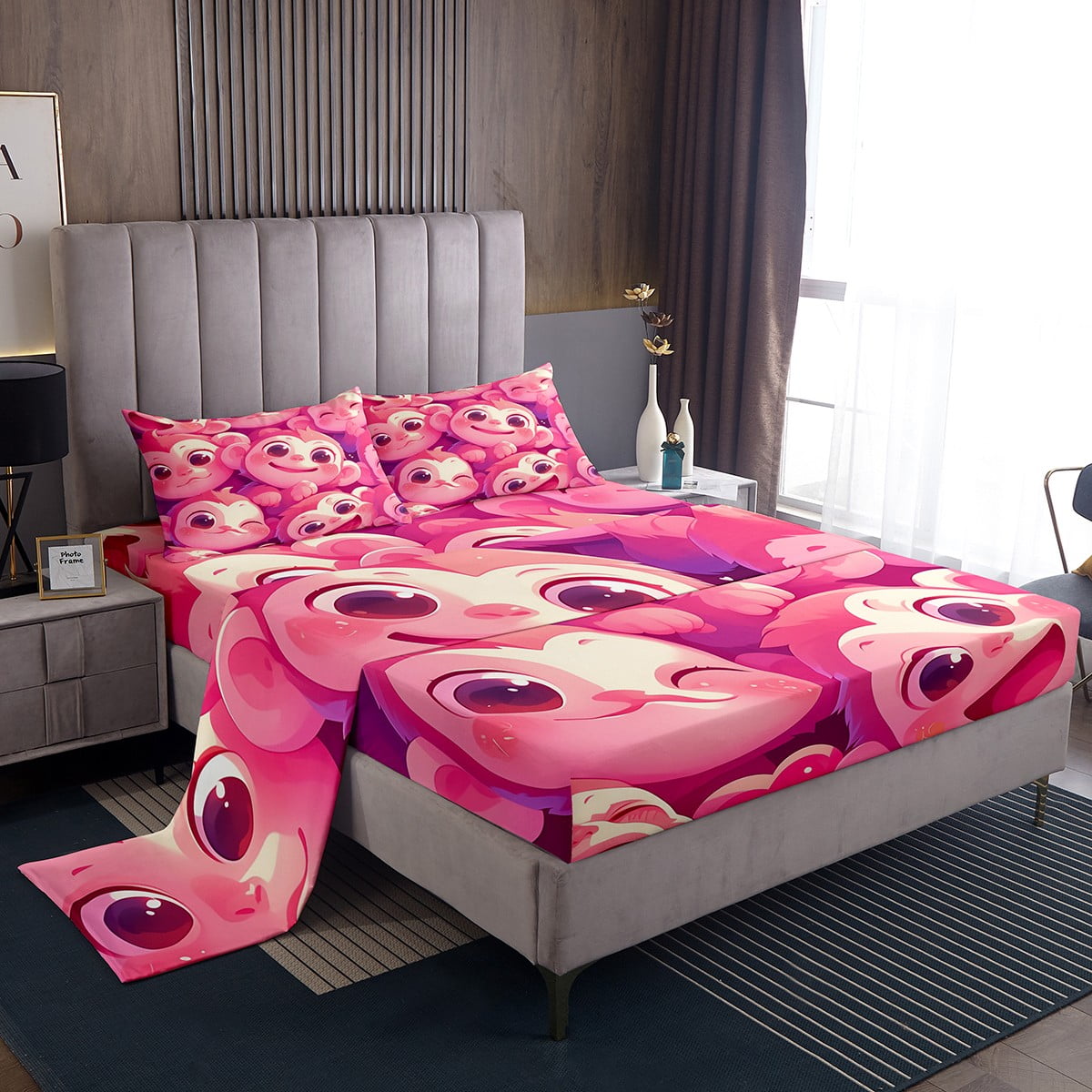 Cartoon Monkey Sheet Set Pink Monkey Print Twin Sheets,Red Heart Decor ...