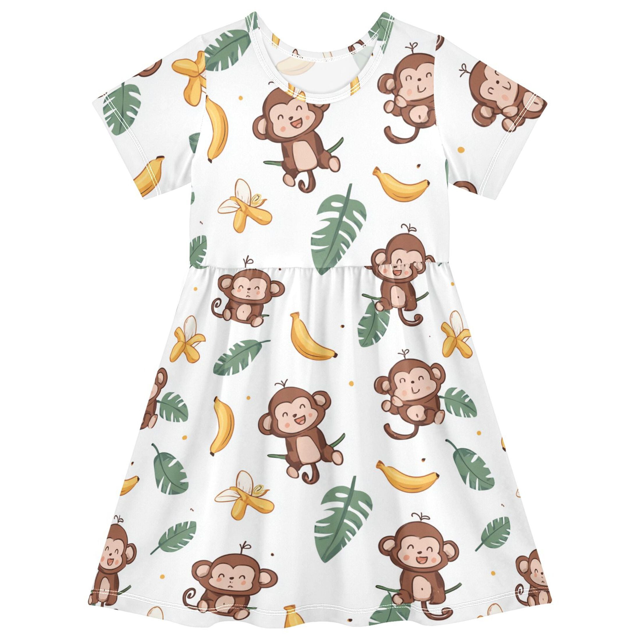 Cartoon Monkey Short Sleeve Dress A-Line Cute Midi Casual Sundress 2-8 ...