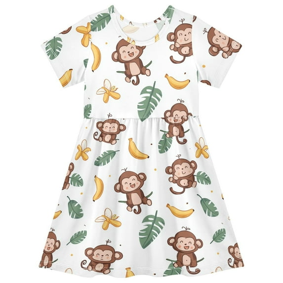 Cartoon Monkey Short Sleeve Dress A-Line Cute Midi Casual Sundress 2-8 ...
