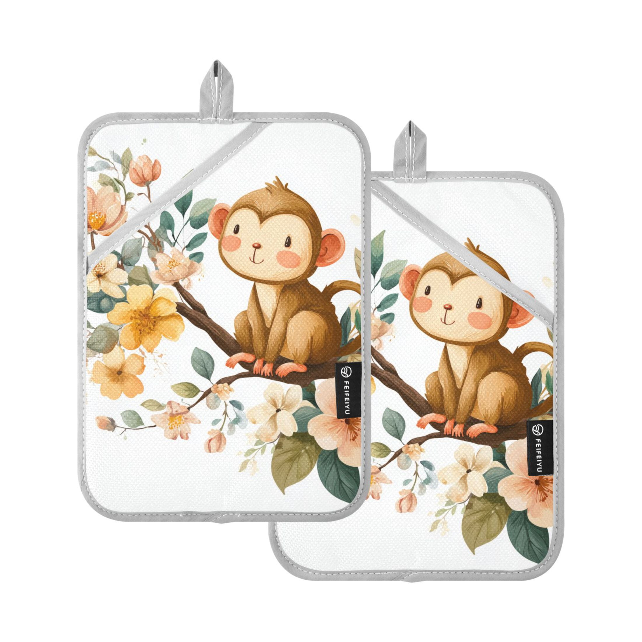 Cartoon Monkey Sit on Branch Florals Pot Holder Heat Resistant Mat Oven ...