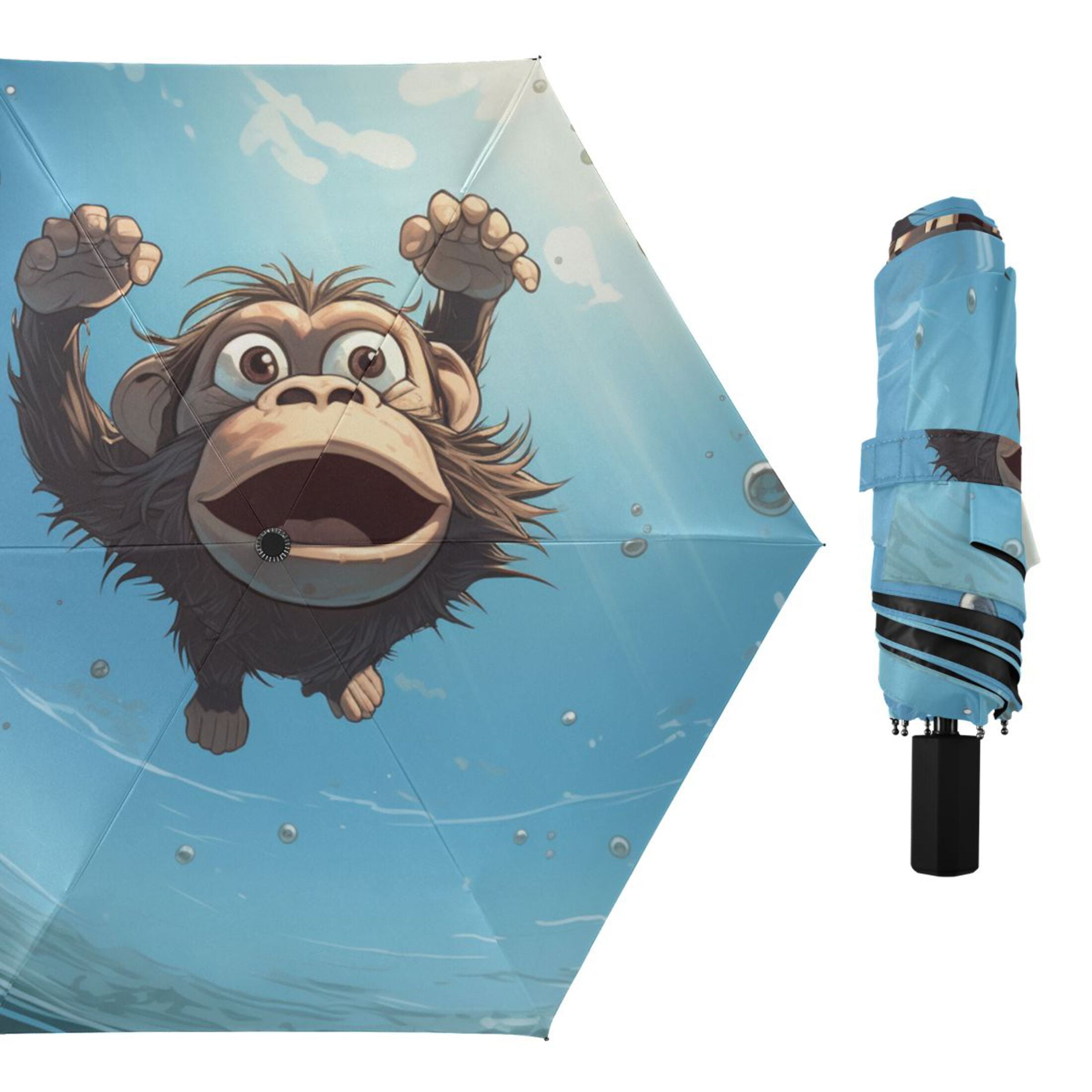 Cartoon Monkey Swimming All Weather Umbrella Triple Folding Parasol 6 ...