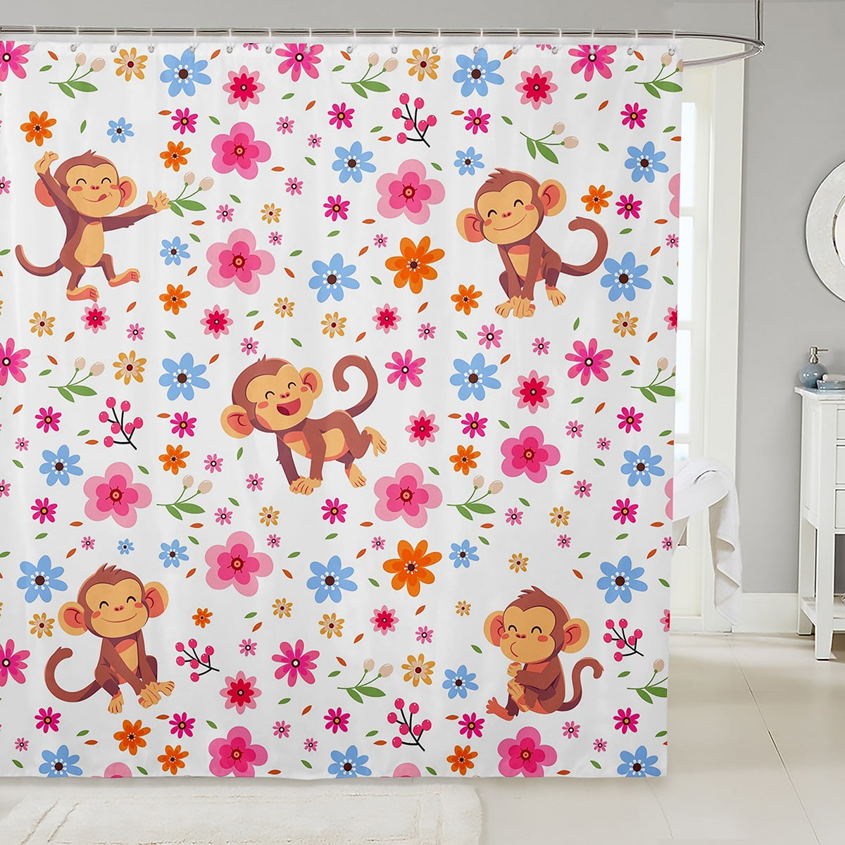 Cartoon Monkey Waterproof Bathroom Curtain Chic Floral Bath Curtain, Kawaii Animal Shower ...
