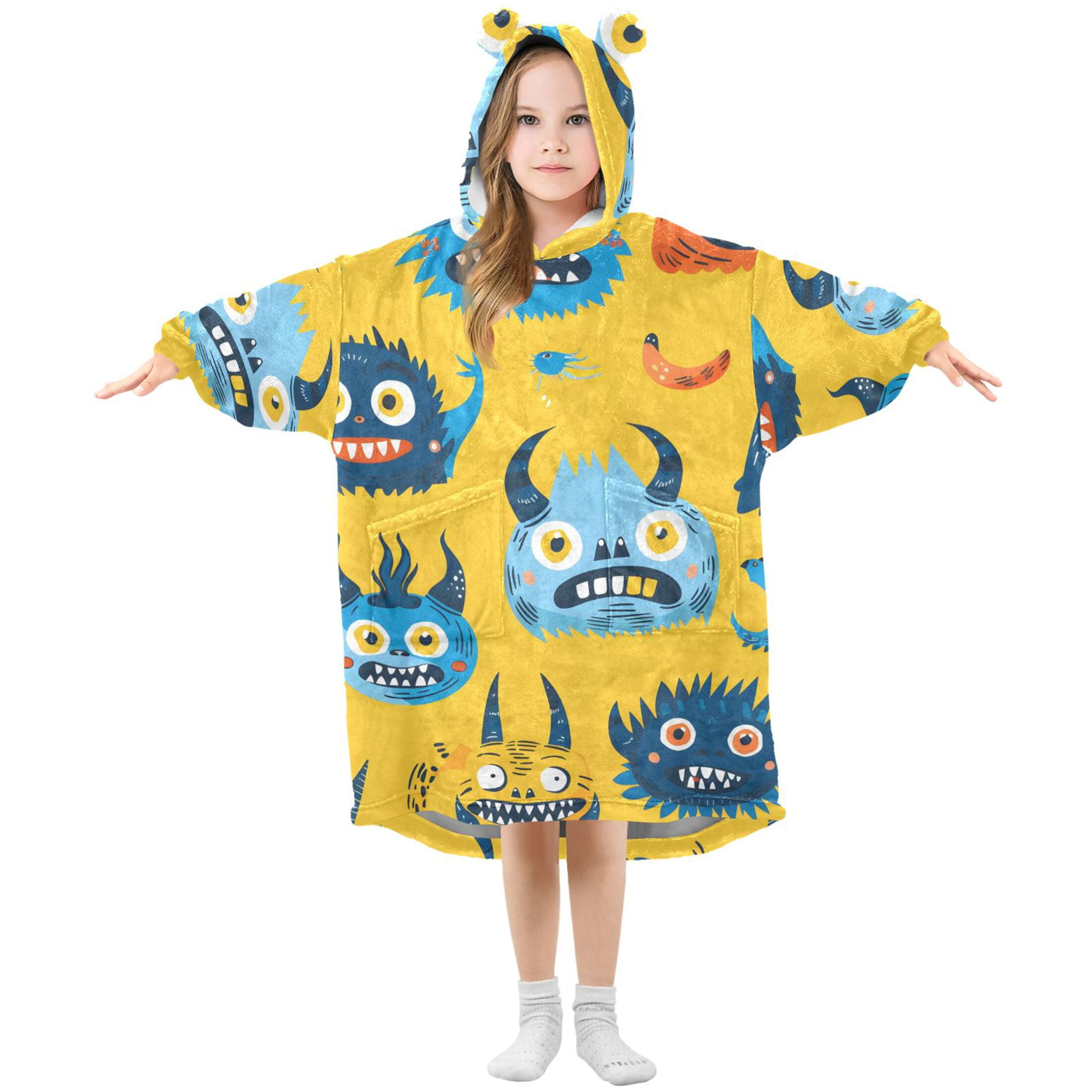 Cartoon Monster Faces Flannel Wearable Blankets Hooded Design Long ...
