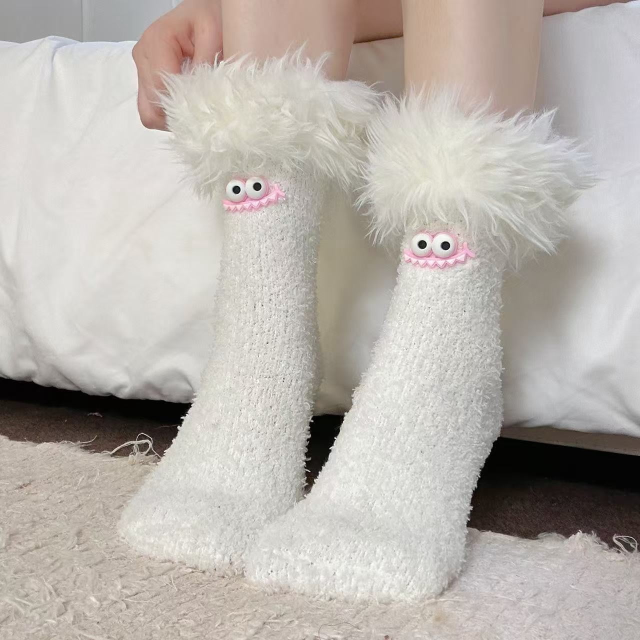 Cartoon Monster Fleece Socks for Women, Plush Big Mouth Socks, Thick ...