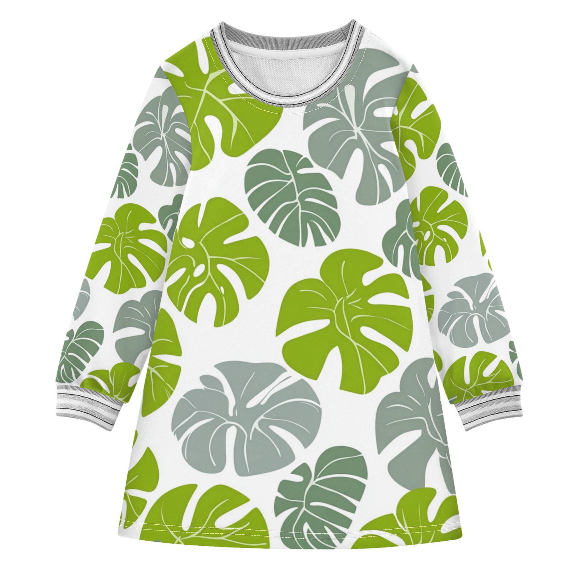 Cartoon Monstera Leaves Long-sleeved Dress A-line One-Piece Dress for 2 ...