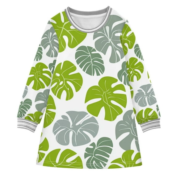 Cartoon Monstera Leaves Long-sleeved Dress A-line One-Piece Dress for 2 ...