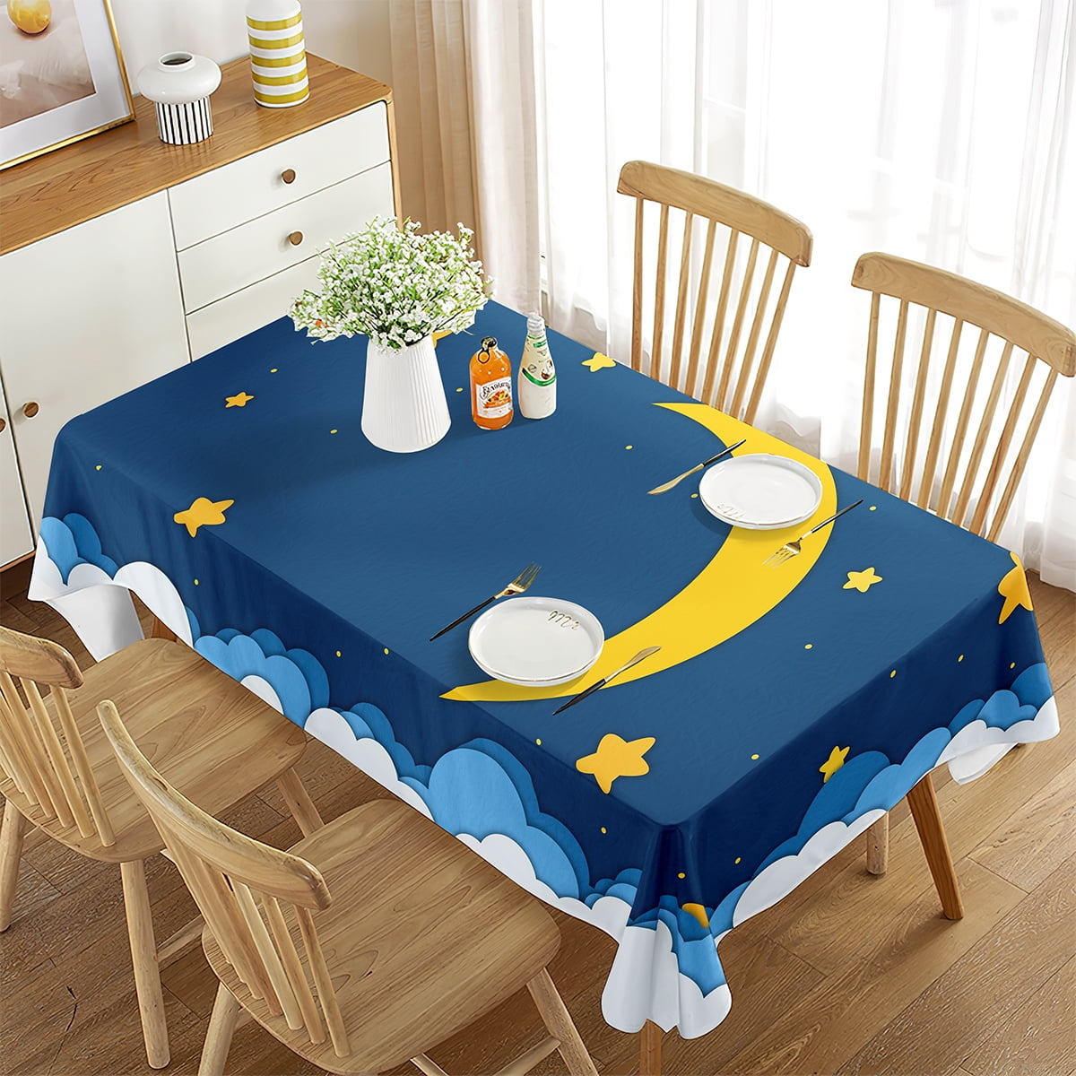 Cartoon Moon Tablecloth Star and White Cloud Art r Home Rectangular ...