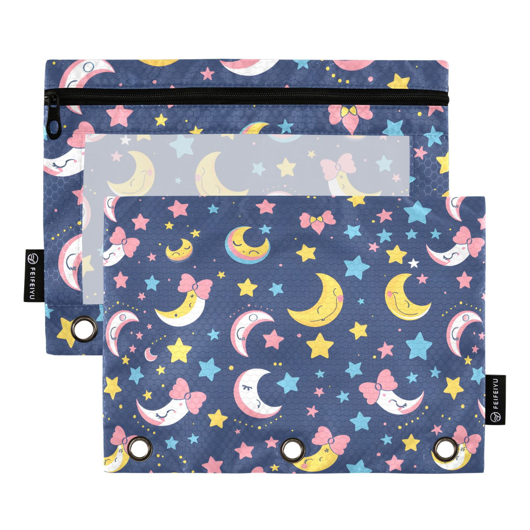 Cartoon Moon and Star 2 Pack Pencil Pouch for 3 Ring Binder Smooth ...