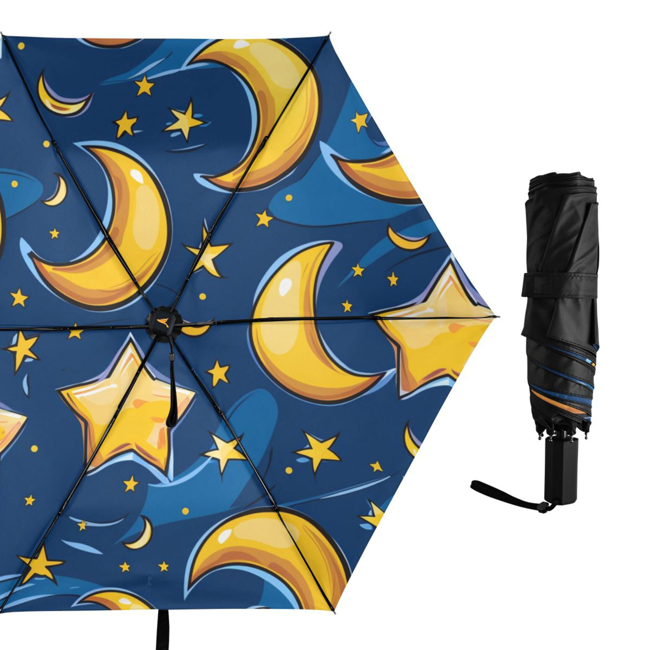 Cartoon Moons Stars Triple Folding Umbrella Parasol 6 Ribs UV ...