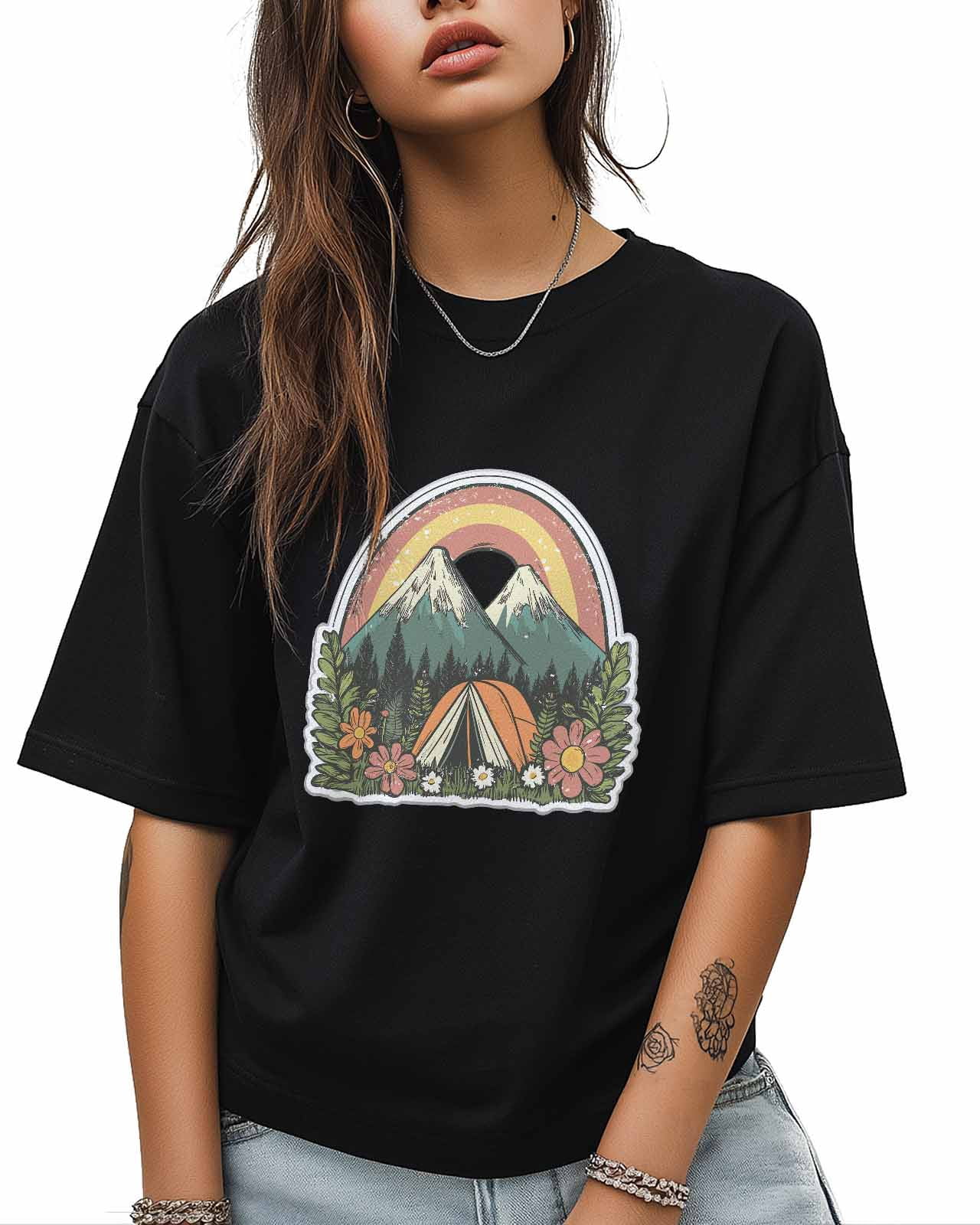 Cartoon Mountain T Shirts for Women Short Sleeve Cotton Crewneck T ...