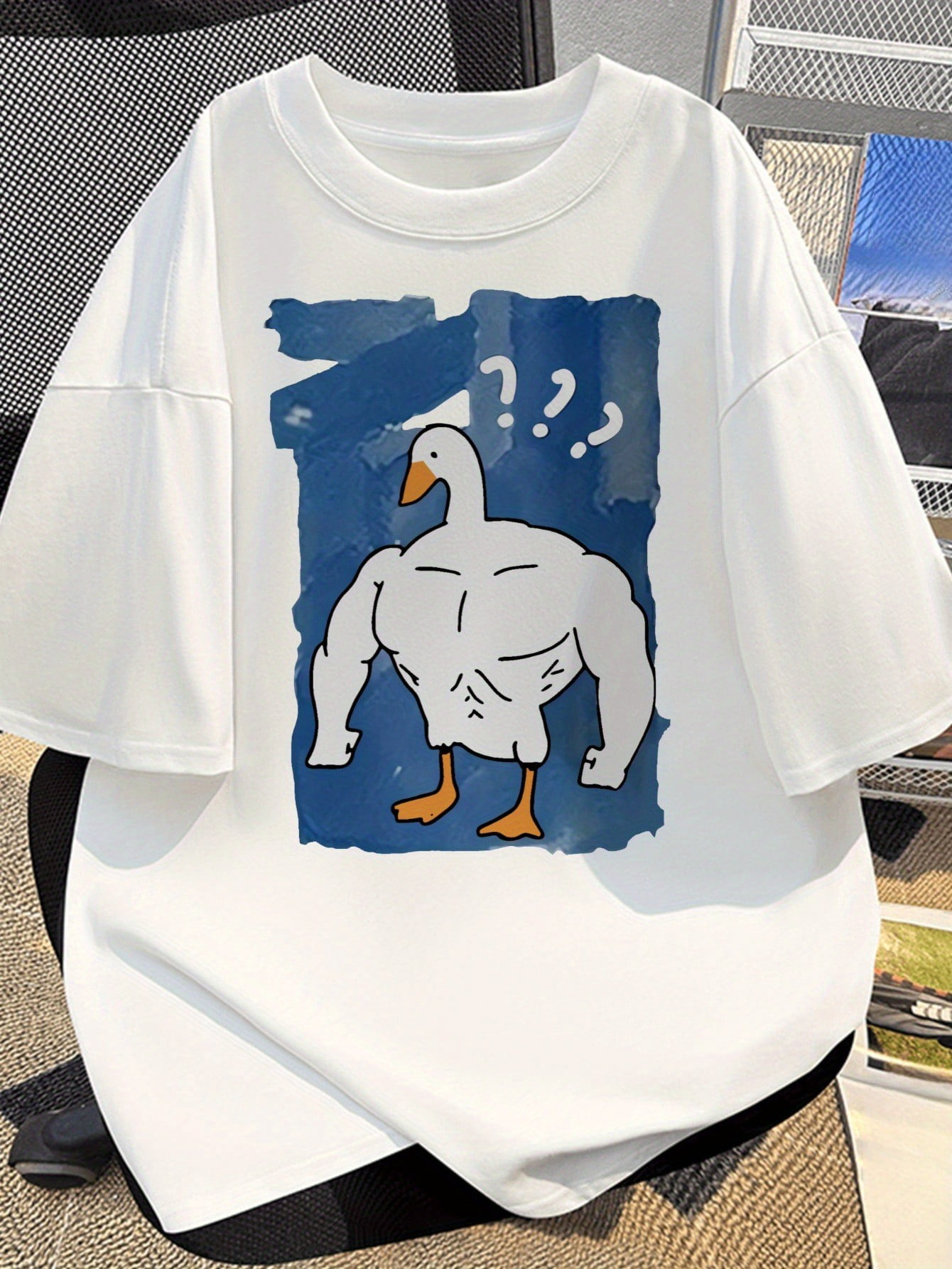 Cartoon Muscle Goose Print Cotton T-Shirt, Casual Crew Neck Short ...