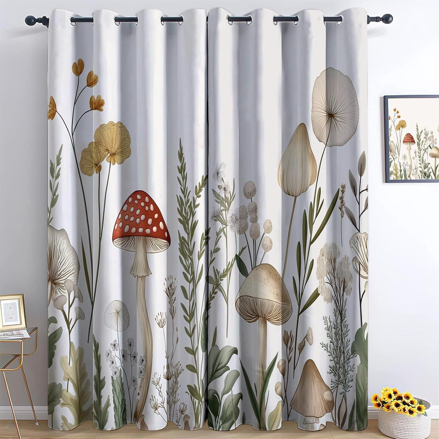 Cartoon Mushroom Blackout Curtains, Hand Painted Botanical Window ...