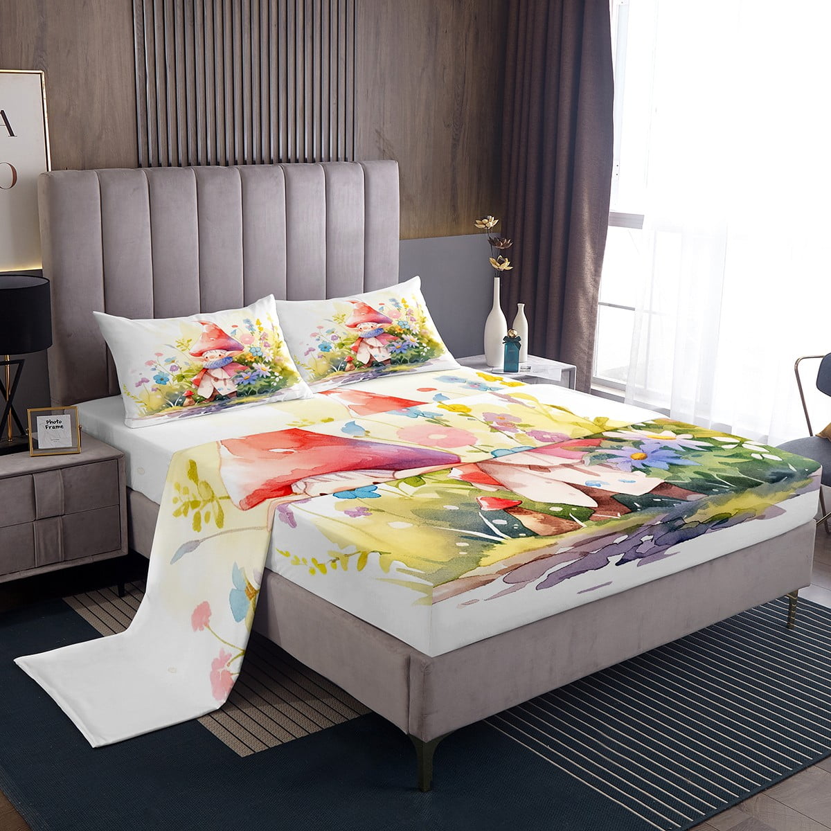Cartoon Mushroom Sheet Set Botanical Flowers King Size Sheets Bedroom ...