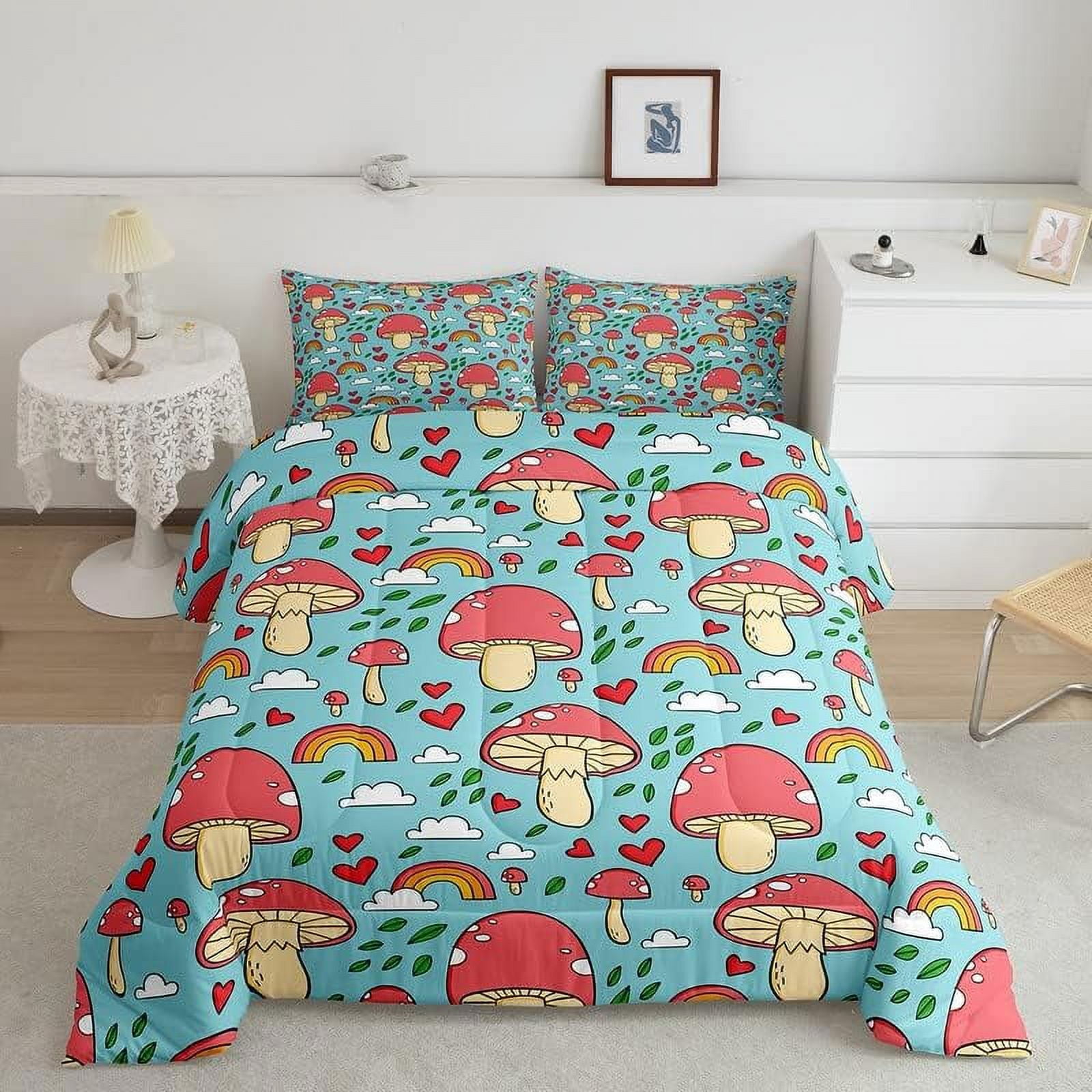 Cartoon Mushroom Comforter Set Kawaii Fungus Botanical Pink Comforter ...